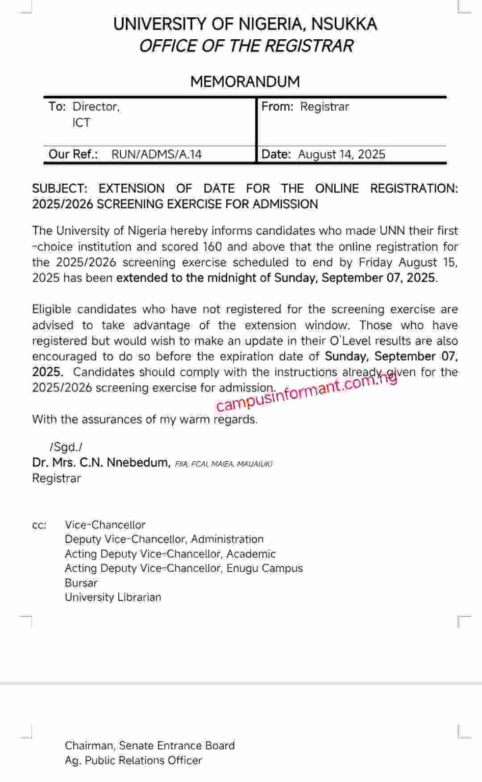 UNN Extends Post UTME Registration to September 7th, 2025 (2025/2026 ...